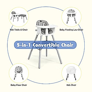 BABY JOY 5 in 1 Convertible High Chair, Infant Dining Chair Booster Seat with Removable Tray, 5-Point Harness, Detachable PU Leather Cushion, Highchair for Babies and Toddlers of 6-36 Months, Gray