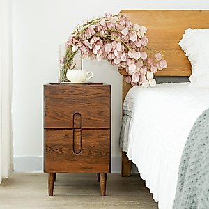 Cttasty Mid Century Modern Nightstand, Solid Wood Night Table, Minimalist Nightstand, Side Table for Bedroom, 2-Drawer Bedside Tables, Narrow Oak End Table Easy Installation (Walnut, 11.81inches)
