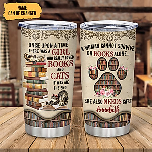Hyturtle Personalized Book Tumbler Gifts For Women - Birthday Christmas Gifts For Book Lovers - Librarian Gifts - Book Club Gifts - Cat Lover Gifts Custom Name 20oz Stainless Steel Travel Tumbler Cup