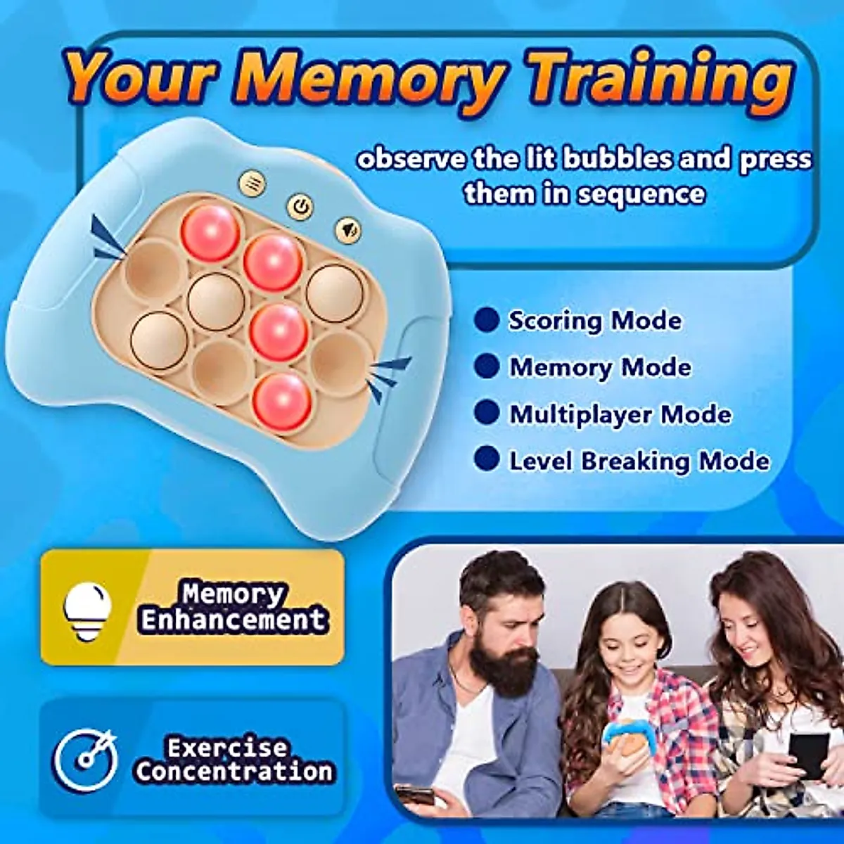 Quick Push Light Up Pop Game Fidget Toys for Adults and Kids | Puzzle Game Machine | Squeeze Poppet Sensory Push Pop Bubble Toy | Relief Party Favors Puzzle Game Fidget Console (Light Blue)