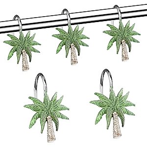 VEGA U Palm Tree Decorative Shower Curtain Hooks for Bathroom, Summer Tropic Themed Resin Bath Decor Rings, Set of 12 (Green)