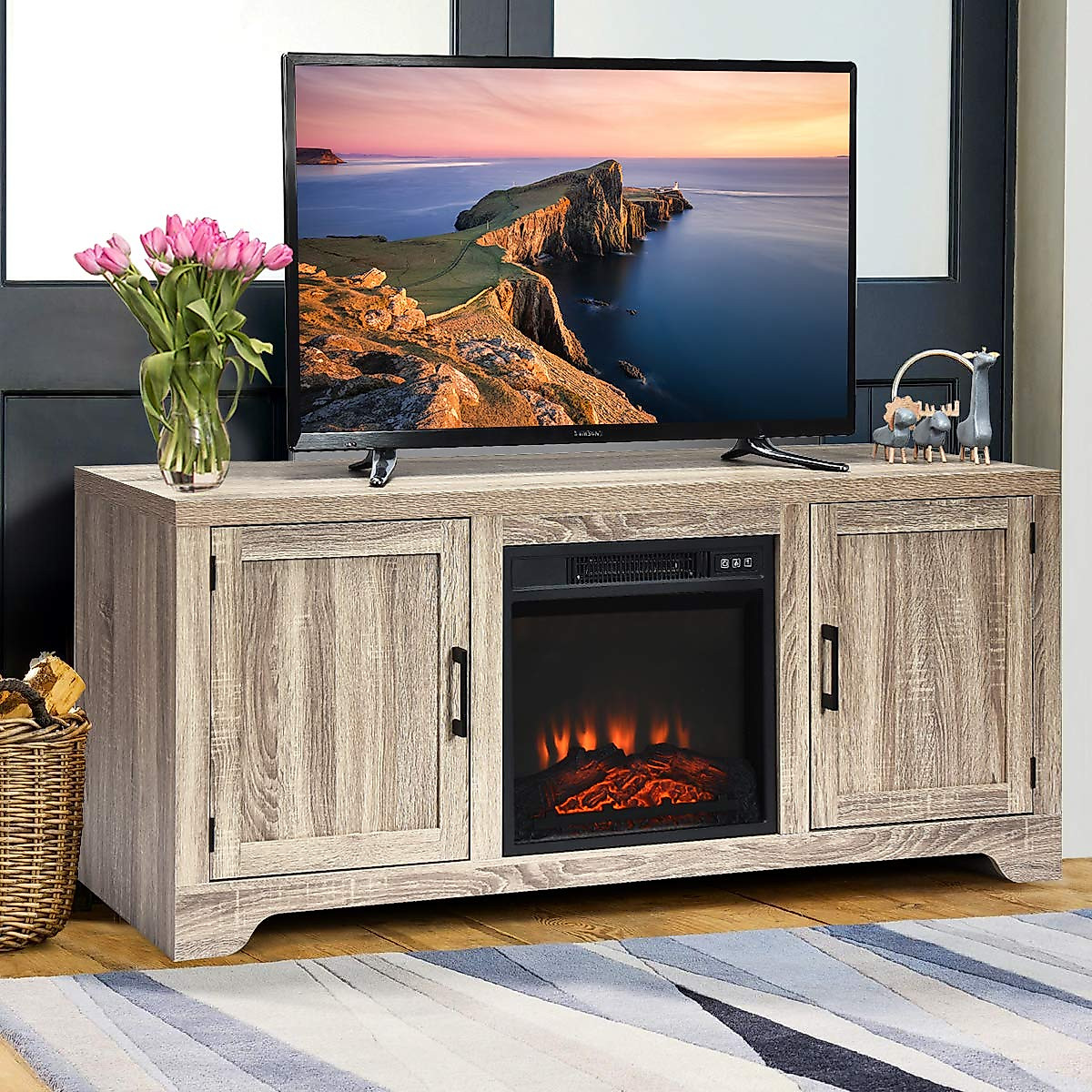 Tangkula 65" TV Stand, Storage Cabinet Console, Television Console, Media Component TV Stand with Adjustable Shelves. Suitable for 18" x 17" Fireplace (not Included) (Grey)