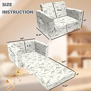 Hän Babos Kids Couch, 2-in-1 Convertible Sofa to Lounger, Comfy Flip-Out Couch Chair/Sleeper Bed for Toddler Boys and Girls (Dinasour Fossil)