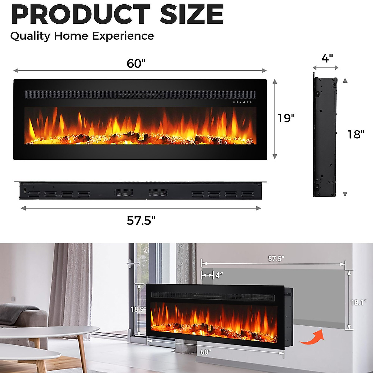 60 inches Electric Fireplace, Recessed and Wall Mounted Fireplace, Adjustable 20 Flame Colors and 5 Speeds, Remote Control & Touch Screen with Timer, Linear Fireplace W/Thermostat, Black
