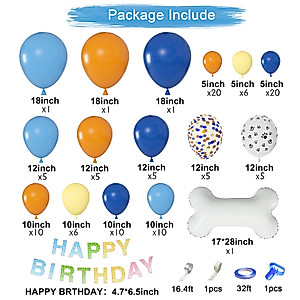 128Pcs Blue Birthday Party Supplies Balloons Garland Kit, Blue Orange Yellow White Bone Dog Paw Balloons Arch Banner for Baby Shower Girls and Boys Blue Theme Happy Birthday Party Decorations