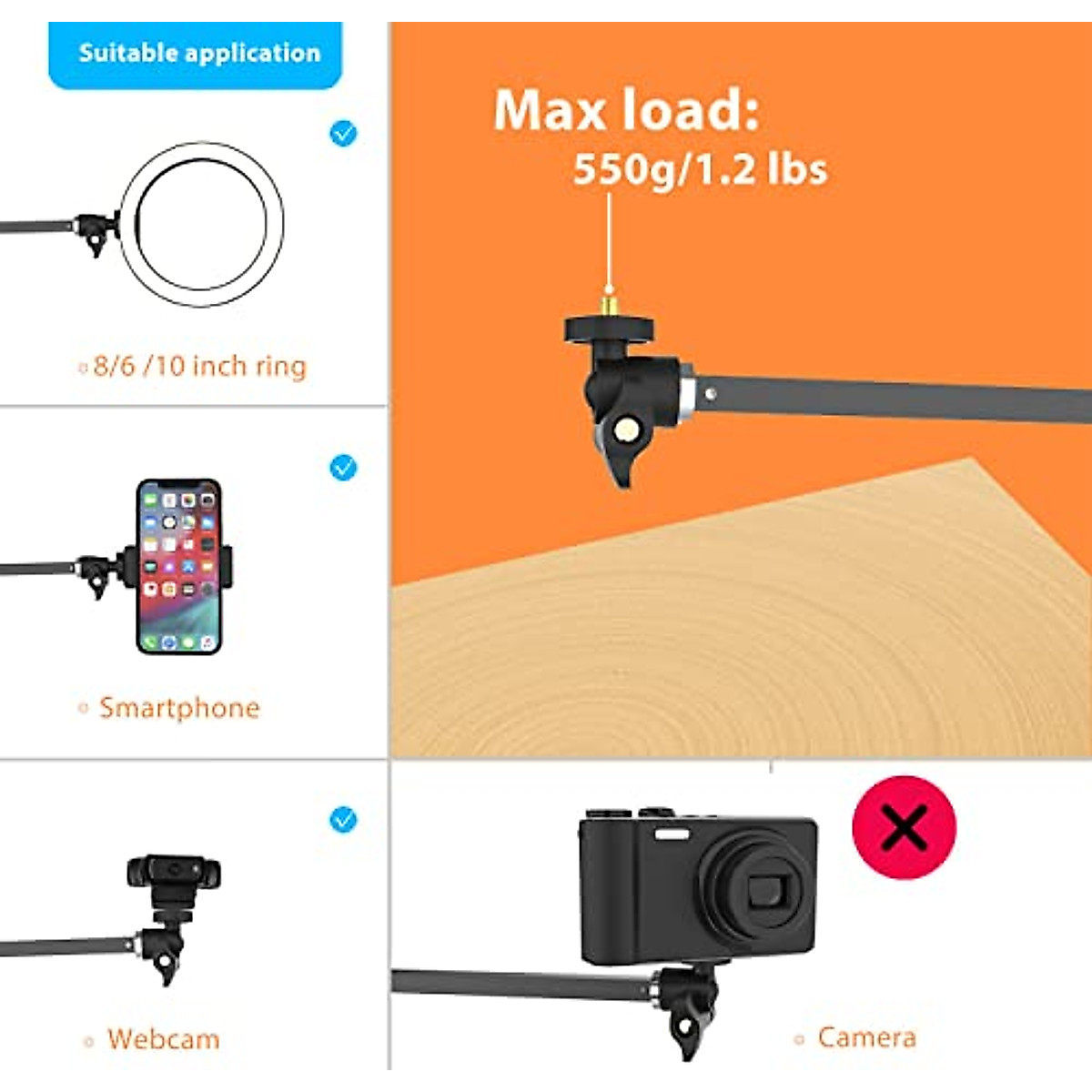 Long Overhead Tripod Mount for iPhone Webcam Ring Light, Gooseneck Desk Phone Arm Holder for Over Head Video Recording Filming Live Streaming, Webcam Tripod Stand with Articulating Arm