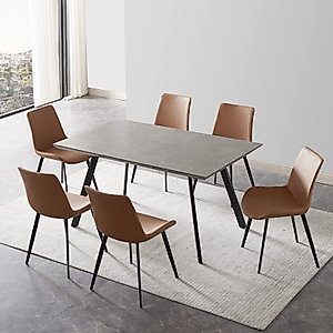 ZckyCine Modern Rectangular Wood Dining Table Set Concrete-Color Tabletop with Sturdy Metal Legs and 6 Soft Upholstered Chairs - Comfortably Seats 6