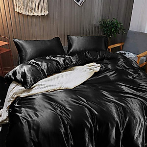 Cloud Fino Silk Satin Bed Linen Set, King, Deep Pocket, Black, 4pcs Including Fitted Sheet & Duvet Cover