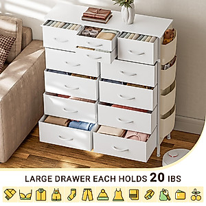 White Dresser for Bedroom, Dressers & Chests of Drawers, Closet Fabric Dresser w/12 Drawers Side Pockets Hooks, Clothes Dresser, Bedroom Dresser Storage Organizer for Hallway Entryway