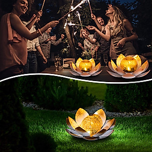 AIINY Garden Solar Lights Outdoor(2Pack) , Amber Crackle Globe Glass Lotus Decoration , Waterproof Orange Metal LED Flower Lights for Patio,Lawn,Walkway,Tabletop,Ground, Garden Gifts for Women