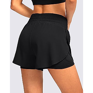 Soothfeel Women's 2 in 1 Running Shorts High Waisted Athletic Shorts Exercise Gym Workout Shorts for Women with Pockets Black