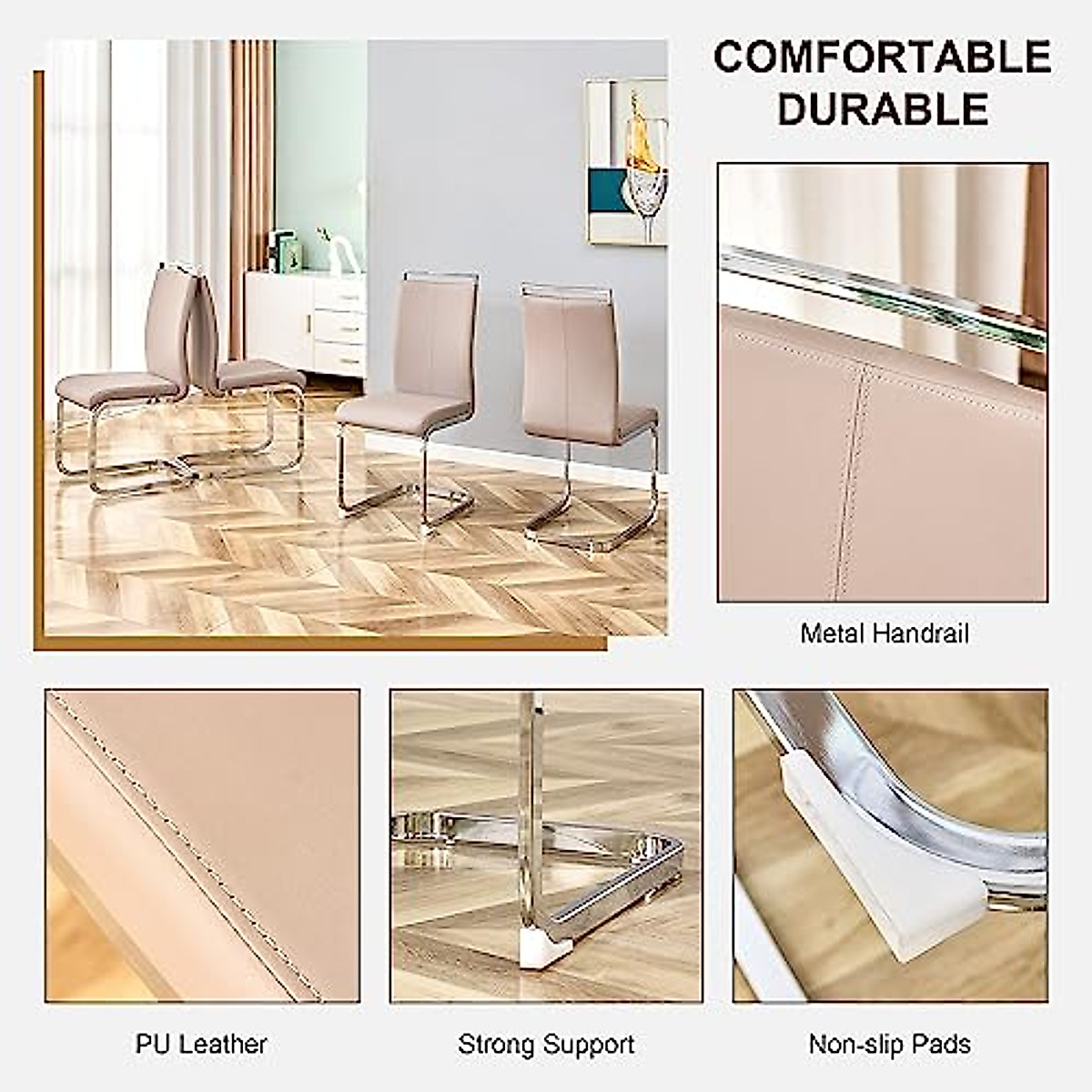 Baysitone Modern Dining Chairs Set of 4, Side & Kitchen Chairs with Silver Frame, Faux Leather Padded Seat High Back, for Dining, Kitchen & Living Room, Champagne