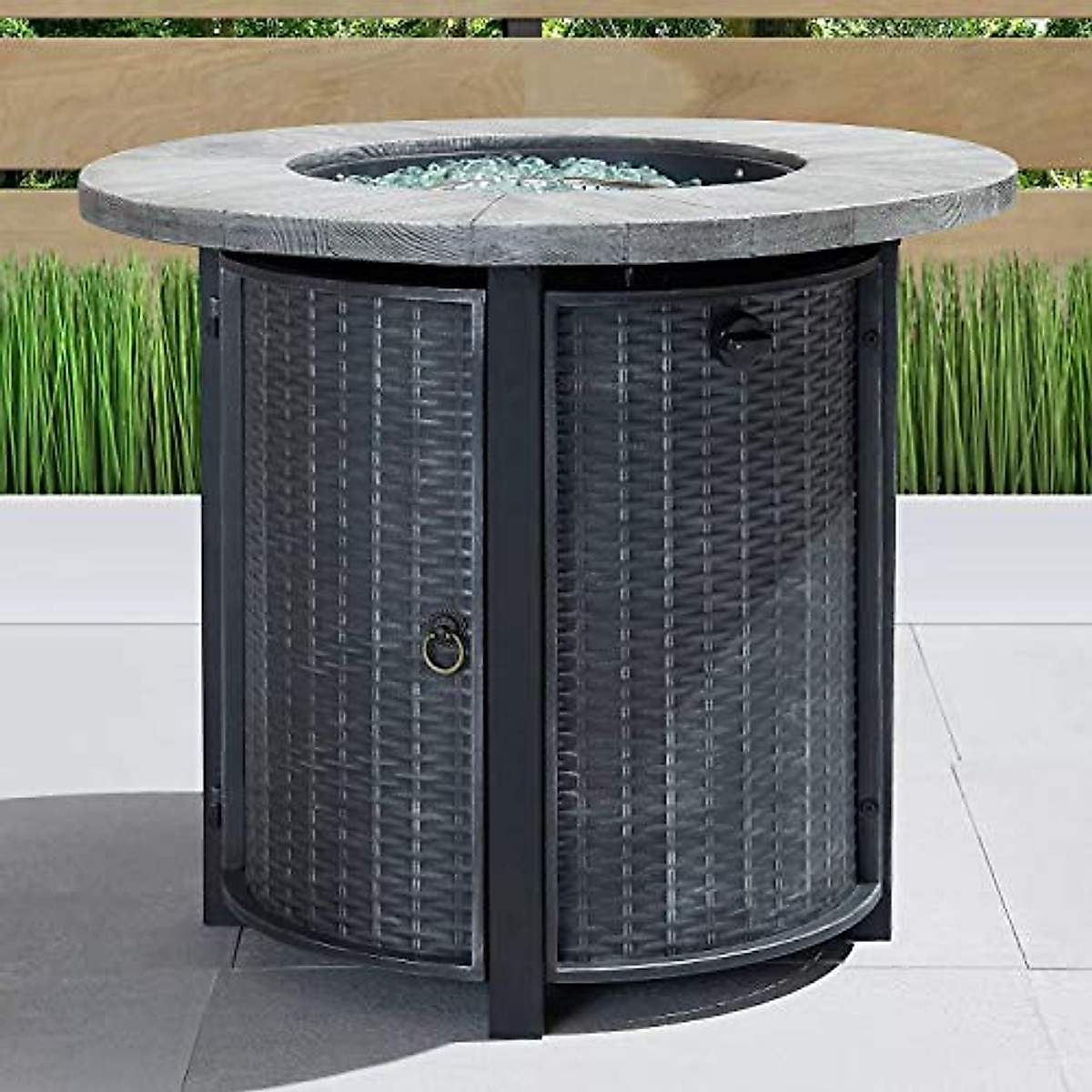 RST Brands Sego Lily Logan Steel Outdoor Patio Round Fire Table, with Fiber Concrete Top, 40000 BTUs, PE Wicker, Backyard, 30x30 Inch, Gray