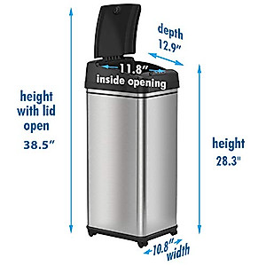 iTouchless Glide 13 Gallon Sensor Trash Can with Wheels and Odor Control System Stainless Steel Silver Rectangle Fingerprint Proof Seal On-Off Switch