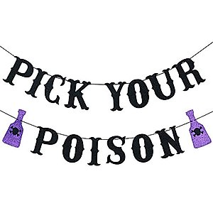 Pick Your Poison Banner Black Glitter - Halloween Hocus Pocus Party Decorations Haunted Mansion Decorations Halloween Party Banner for Home Indoor Mantle Fireplace