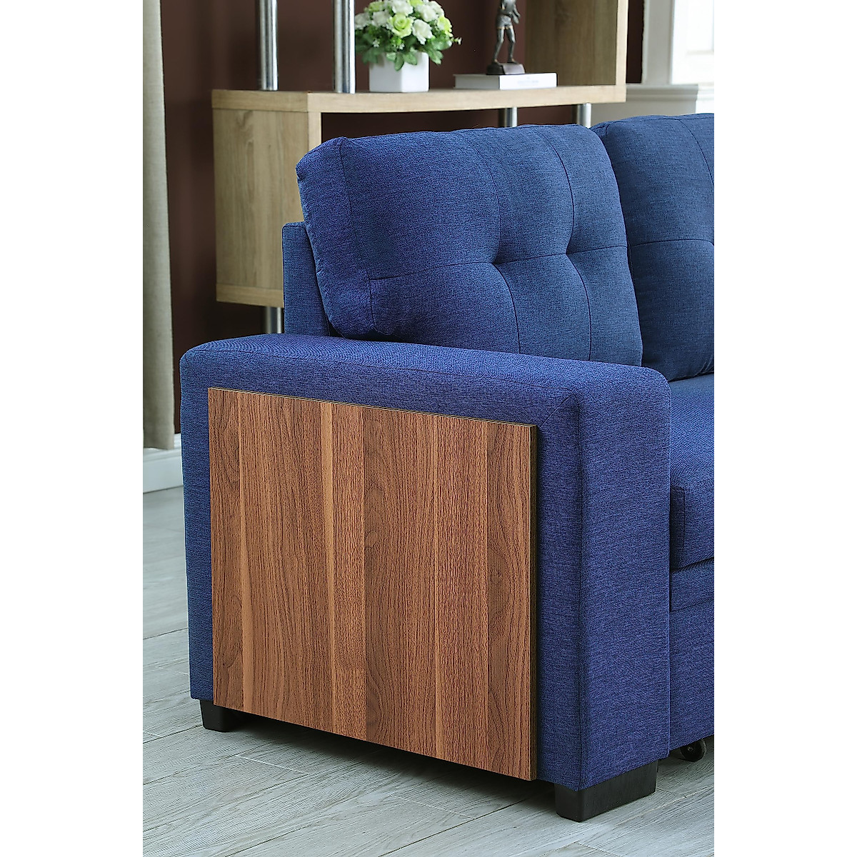 RENDGO 92 inch L-Shape Sectional Sleeper Sofa with Chaise Storage and Pull-Out Bed, Tufted Linen Backrest, Reversible 3-Seater for Living Spaces, Blue