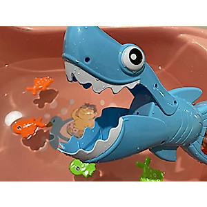 INvench Shark Grabber Baby Bath Toys - Blue Shark with Teeth Biting Action Include 4 Toy Fish - Bath Toys for Kids Ages 4-8 Boys Girls Toddlers Pool Toys