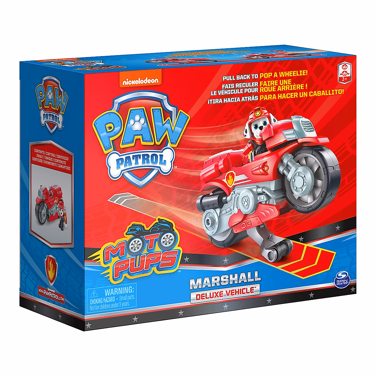 Paw Patrol, Moto Pups Marshall’s Deluxe Pull Back Motorcycle Vehicle with Wheelie Feature and Toy Figure