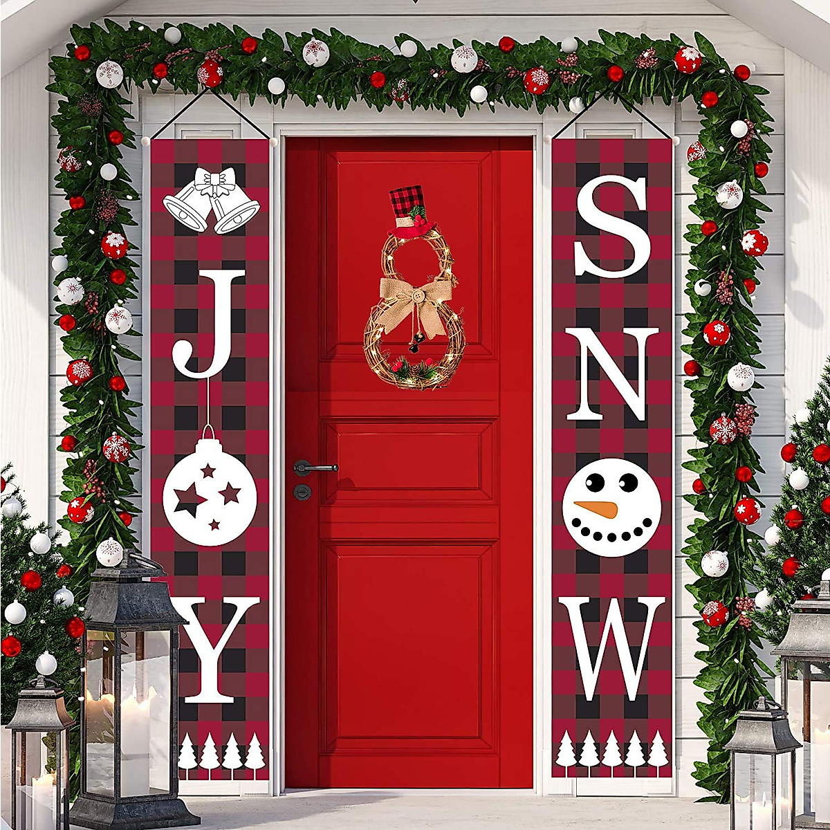 DearHouse 16 x 8 Inch Lighted Christmas Wreath Decoration, Grapevine Wreath with Hat and Bow Snowman Shape Wreath for Front Door Home Garden Wall Decor