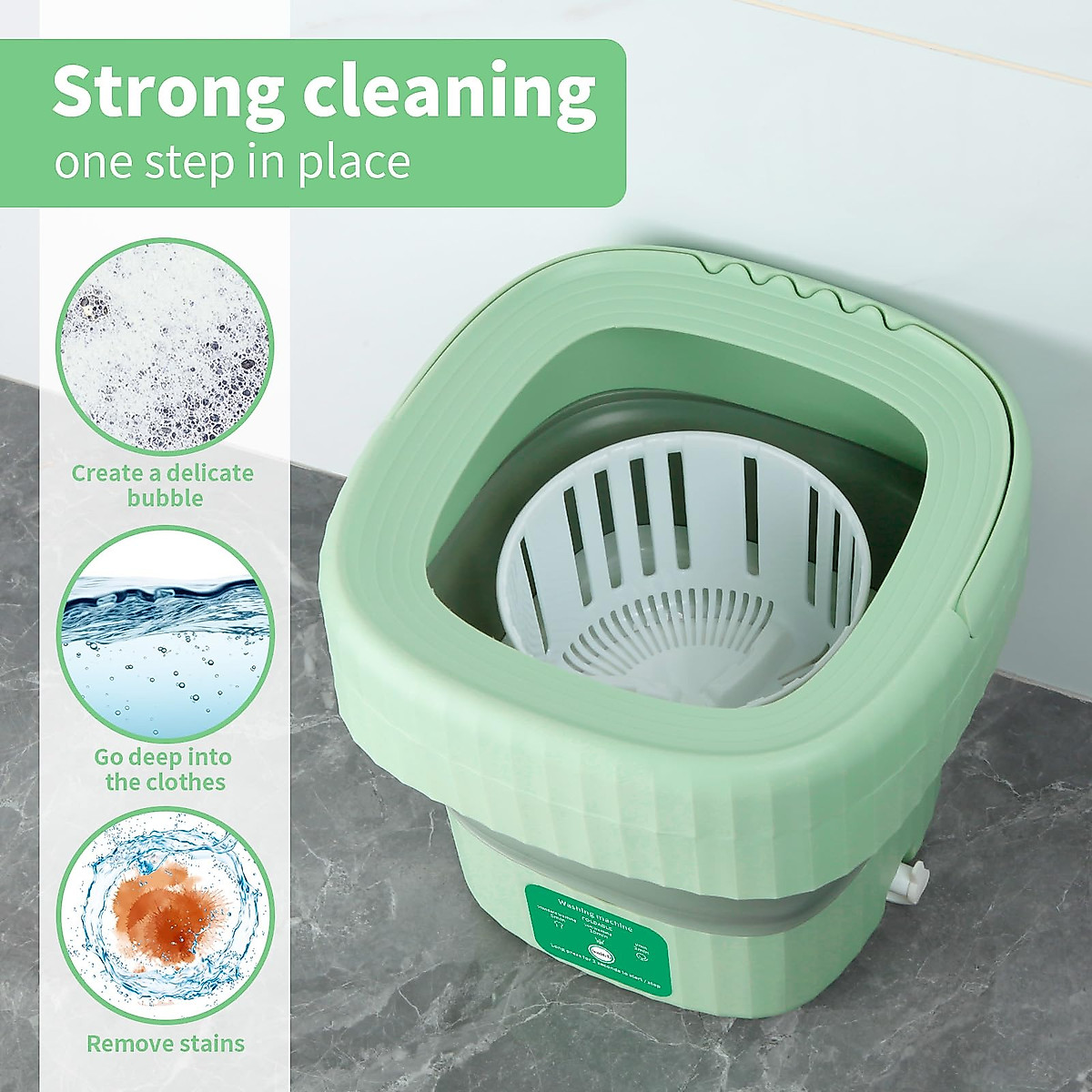 MINDORE Portable Washing Machine, 6.5L Large Capacity, 3 Modes of Deep Cleaning, Mini Washing Machine Suitable for Washing Baby Clothes, Underwear, Socks, Suitable for Apartment Camping Travel, Green