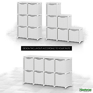 8 Cube Storage Organizer Set. Includes Eight 11 inch Storage Cube Bins. DIY Fabric Storage Cube Shelves for Closet Organization Clothes, Books, Toys. Used in Playroom and Bedroom. (White -Grey)