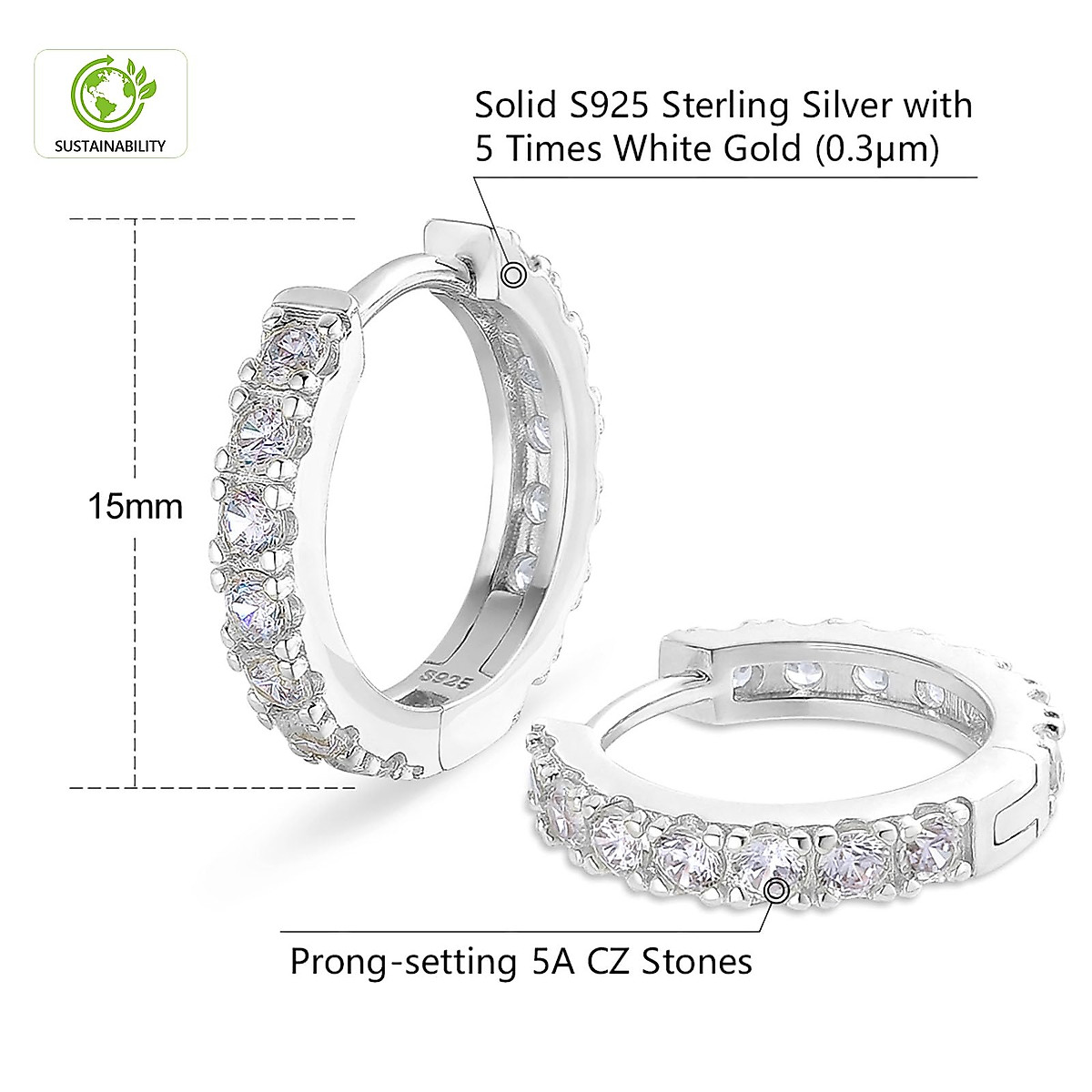 KRKC&CO Hoop Earrings, S925 Sterling Silver Gold Plated White Gold Plated Round Hoop Earrings for Men & Women 12-15 mm