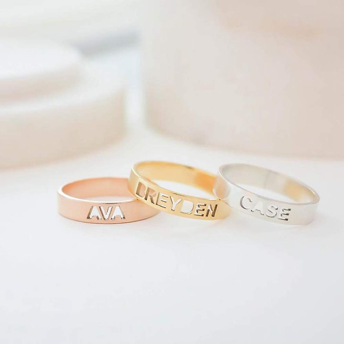 LONAGO Personalized Name Ring Custom Name Plate Stacking Ring Engrave Any Names Initial Ring for Women (Gold Plated Copper in silver color)