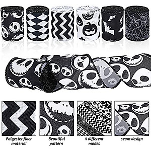AnyDesign 6 Rolls Halloween Wired Edge Ribbons 30 Yards Bat Spider Web Pumpkin Print Craft Ribbon White Black Spooky Gift Wrapping Ribbon for Wreath Home Party DIY Craft Decoration Supplies