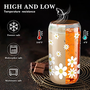 meekoo 8 Pcs Glass Cups with Bamboo Lids and Straws 16 oz Beer Can Shaped Iced Coffee Drinking Cup Cute Pattern Gift Cups Reusable Glass Tumbler for Wine Tea Water - 4 Cleaning Brushes (Boho)