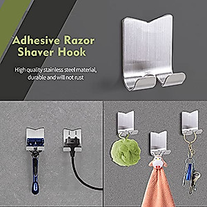 Electric Razor Holder Wall Mounted,Toothbrush Holder,with Shaver Hook Hanger 2 Pack,Stainless Steel Self Adhesive Shower Storage Razor Shelves and Hooks,Razor Shaver Accessory Organizer for Bathroom