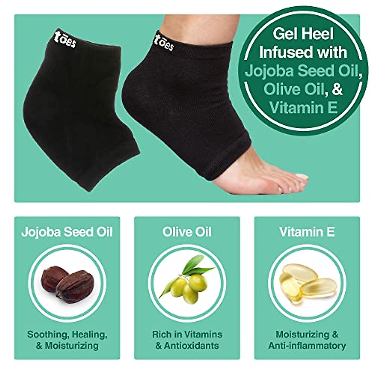 ZenToes Moisturizing Heel Socks 2 Pairs Gel Lined Toeless Spa Socks to Heal and Treat Dry, Cracked Heels While You Sleep (Regular, Black)