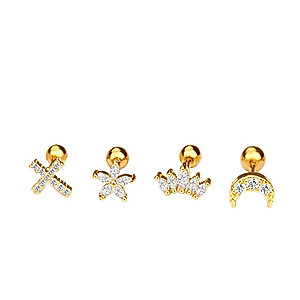 NewZenro Flower Cross 16g Ear Cartilage Helix Surgical Stainless Steel Cubic Zirconia Studs Cartilage Earrings Huggie Screw Backs Ear Tragus Auricle Nose Lip Piercing Jewelry Set (Gold)