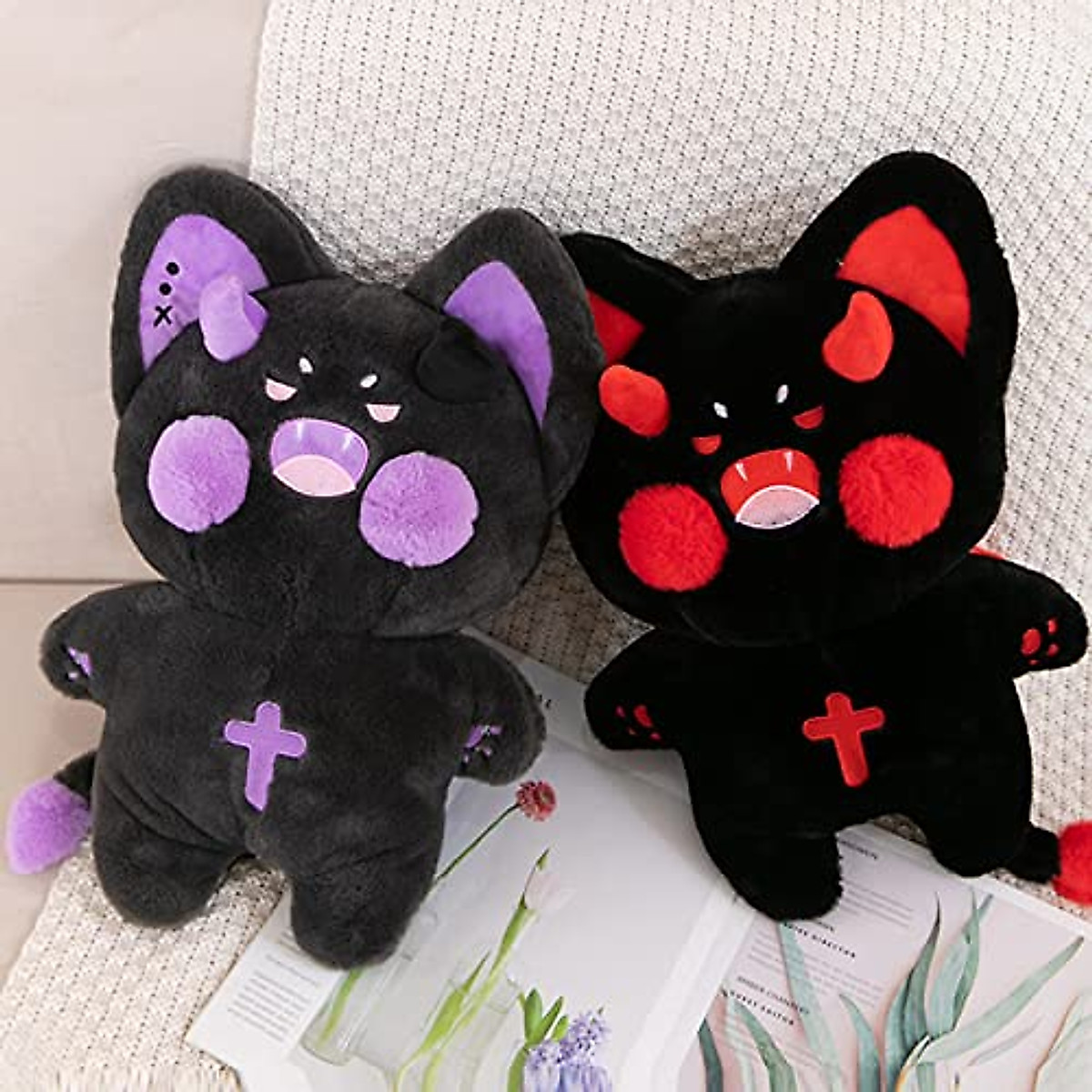 PEACH CAT Cute Cat Plush Pillow Kitten Plushie Devil Cat Stuffed Animal for Kids Black and Red 15.7"