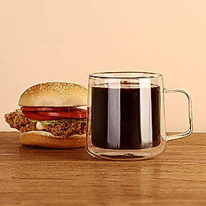 CNGLASS 10oz Glass Coffee Mugs,Double Wall Insulated Glass Mugs with Handle,Clear Espresso Mugs for Latte,Cappuccino,Tea Bag,Set of 2