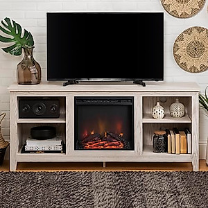 Walker Edison Wren Classic White Wash TV Console for 65 + Inch Television Fireplace Entertainment Center, 58 Inch