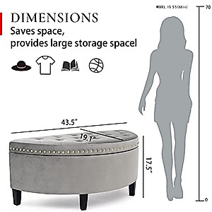 Homebeez 43.5" Half Moon Storage Ottoman Bench, Lift Top Velvet Storage Ottoman Bench for Bedroom Living Room(Light Gray)