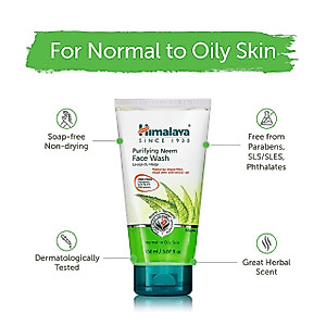 Himalaya Purifying Neem Face Wash, Normal to Oily Skin, Turmeric, Vegan, Cruelty Free, Soap Free, Paraben Free, Dermatologically Tested, SLS/SLES Free, 5.07 Fl Oz, 150 mL, 1 Pack