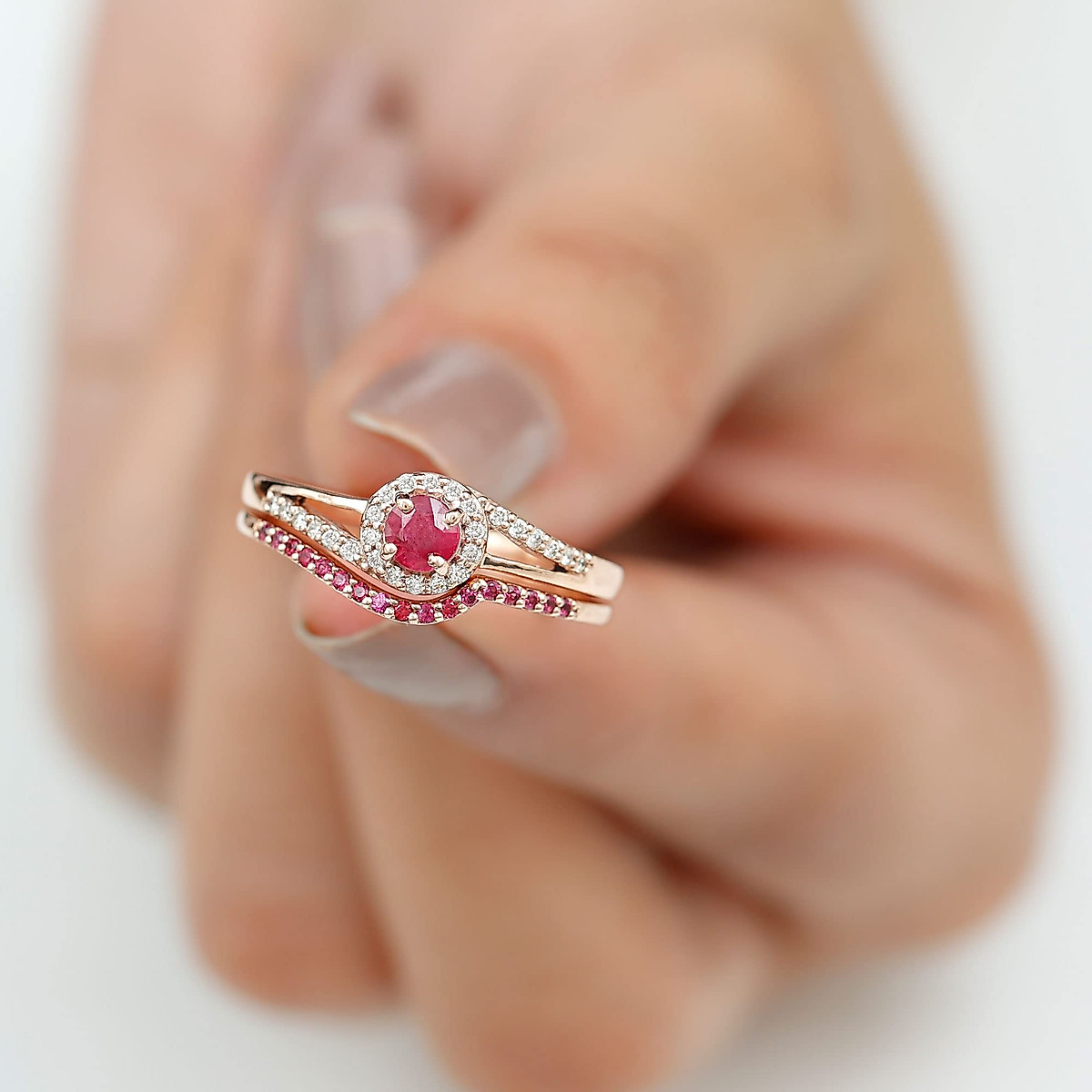 1 CT Ruby and Diamond Ring Set, Ruby Wedding Ring Set, Minimal Ruby Gold Bypass Ring, Genuine Ruby Bridal Ring Set for Women, 14K Rose Gold, Size:US 8.00