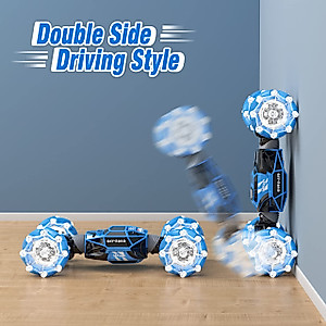 Powerextra LED Gesture Rc Car, 4WD 2.4GHz Remote Control Gesture Sensing Car, Double Sided 360° Rotating Transform Off Road Rc Stunt Car with Lights & Dance for 6-12 Year Old Boys & Girls