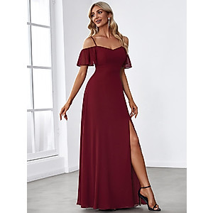 Ever-Pretty Women's Formal Dresses Off Shoulder Short Sleeve Split A-Line Floor Length Bridesmaid Dresses Burgundy US20