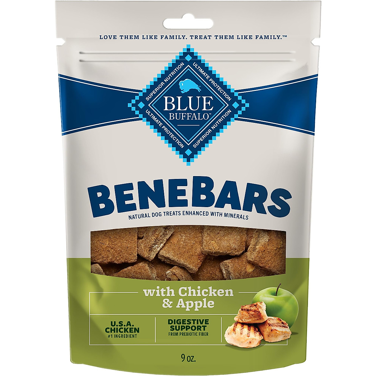 Blue Buffalo BeneBars Digestive Support Dog Treats with Prebiotic Fiber, Made with Natural Ingredients, USA Chicken & Apple, 9-oz Bag