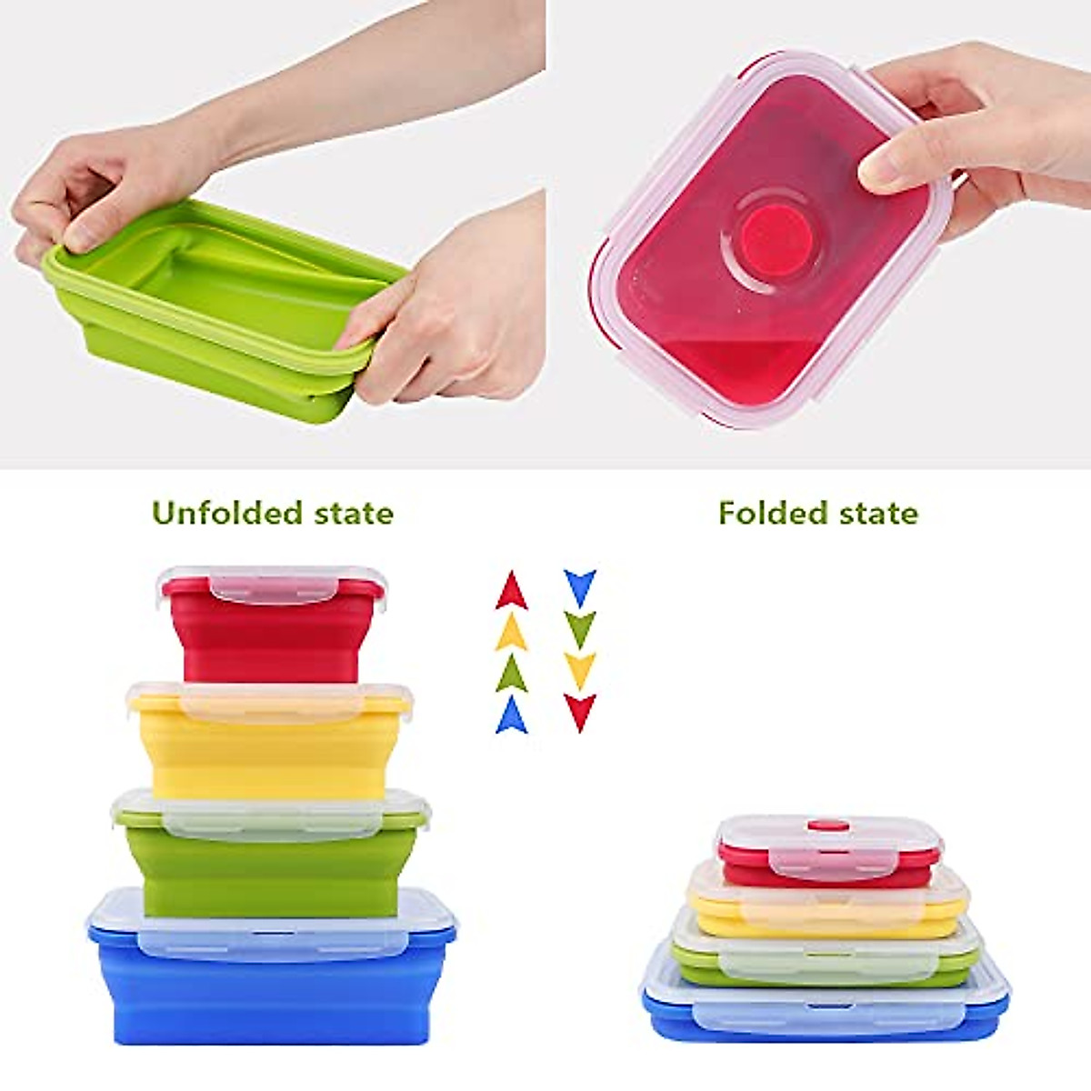 VIGIND Set of 4 Collapsible Foldable Silicone Food Storage Container With BPA Free, Leftover Meal Box With Airtight Plastic Lids For Kitchen, Bento Lunch Boxes-Microwave, Dishwasher and Freezer Safe