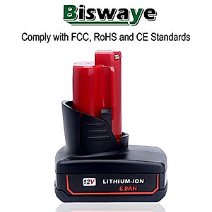 Biswaye 2-Pack 12V Lithium Battery 6.0Ah Compatible with Milwaukee M12 12V Lithium XC Extended Battery 48-11-2460 48-11-2440 48-11-2420 48-11-2411 48-11-2401 48-11-2430 48-11-2412