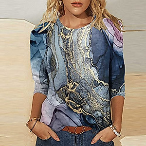 Dress Shirts for Women Cute 3/4 Sleeve t-Shirt Shirts Casual Summer 2023 Trendy Basic Tee Tops Marble Print Graphic Blouse