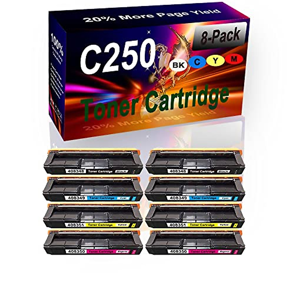 SINIYA 8-Pack (2BK+2C+2Y+2M) Compatible M C250FWB M C250 Printer Toner Cartridge Replacement for Ricoh C250(408348 408349 408351 408350) Printer Toner Cartridge
