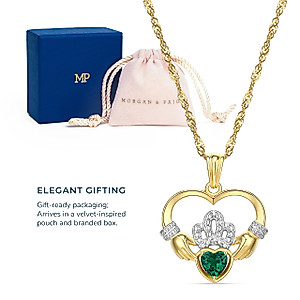 MORGAN & PAIGE 18K Yellow Gold-Plated .925 Sterling Silver Lab-Grown Emerald Diamond-Accented 1" Claddagh Heart Pendant Necklace on 18" Chain - May Birthstone