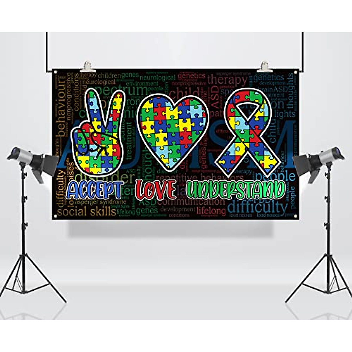 Vohado Autism Awareness Photo Booth Backdrop Accept Understand Love April Decor Puzzle Piece Photography Background Wall Decor-5.9×3.6ft