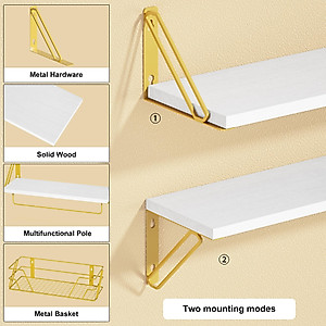 SRIWATANA 2+1 Floating Shelves for Wall, Bathroom Shelves Over Toilet with Metal Bar, Wall Shelves with Storage Wire Basket, Wood Shelves for Bedroom, Living Room, Kitchen (White & Gold)