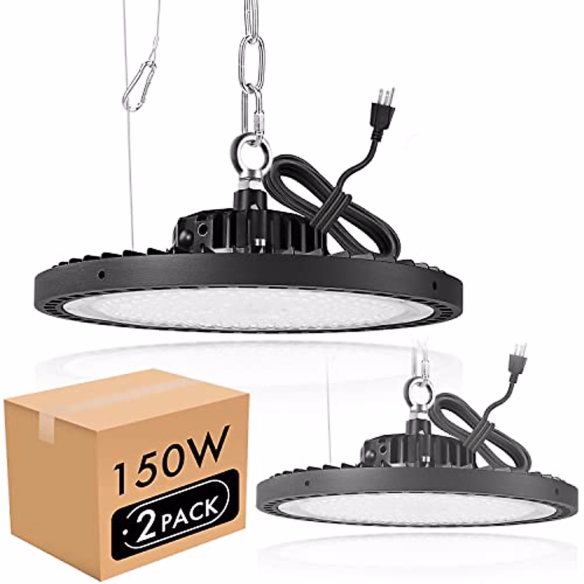 ICEKO KN [2-Pack] UFO LED High Bay Lights,LED Shop Light 150W/21000LM/6000K/(Eqv.400W HID),with Hanging Chain,Safe Rope,6ft Power Cable&Plug,for Barn,Garage,Warehouse,Basement,Workshop,Wet Location