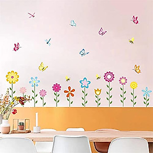 IKEYU Garden Flower Wall Decals Colorful Flower Wall Stickers Spring Garden Wall Stickers Flower Butterfly Wall Stickers for Bedroom Girls Room Kids Nursery